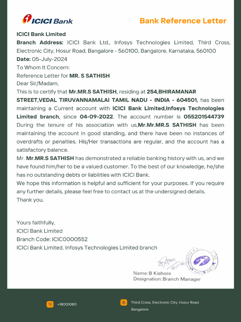 Icici Bank Reference Letter | PDF