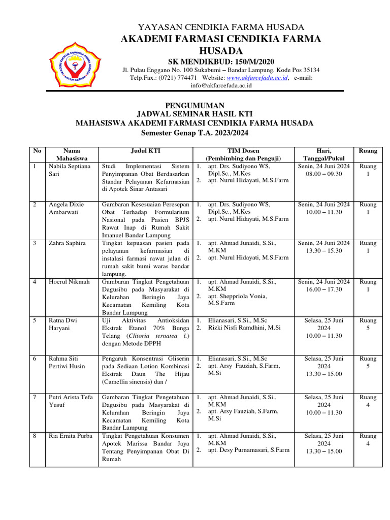Jadwal Semhas 24 - 25 Juni 2024 | PDF | Griya & Taman | Kesehatan Holistik