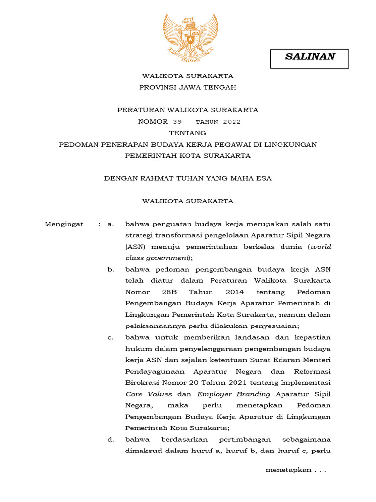Pedoman Budaya Kerja ASN Surakarta | PDF