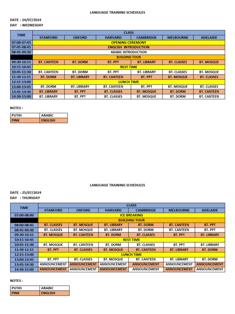 Language Training Schedules | PDF