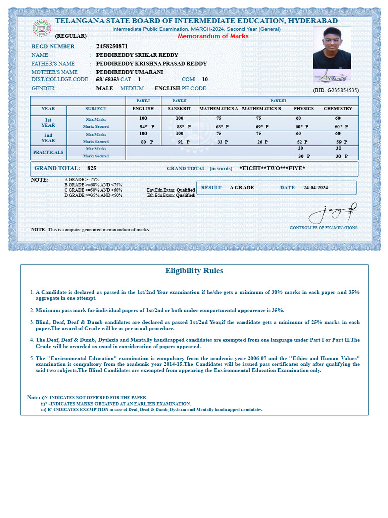 Telangana State Board of Intermediate Education, Hyderabad: Eligibility Rules | PDF