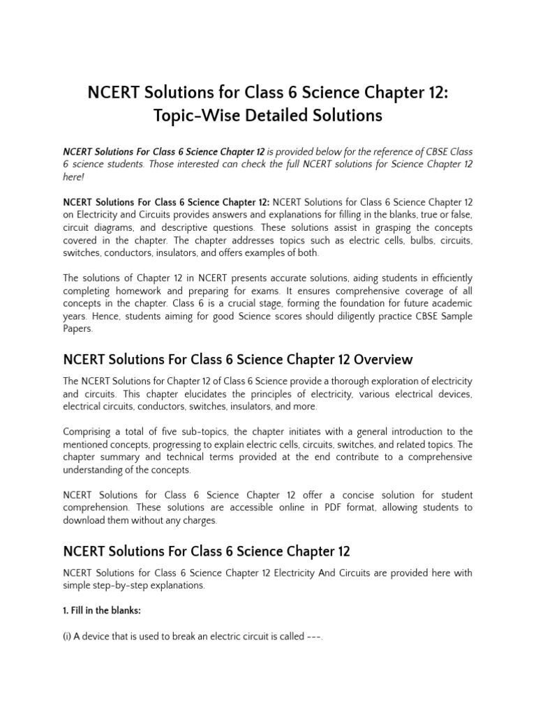 NCERT Solutions For Class 6 Science Chapter 12 | PDF | Switch | Electricity