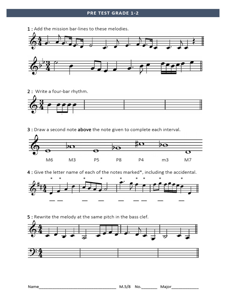 Pre Test 1-2 | PDF | Musical Notation | Interval (Music)