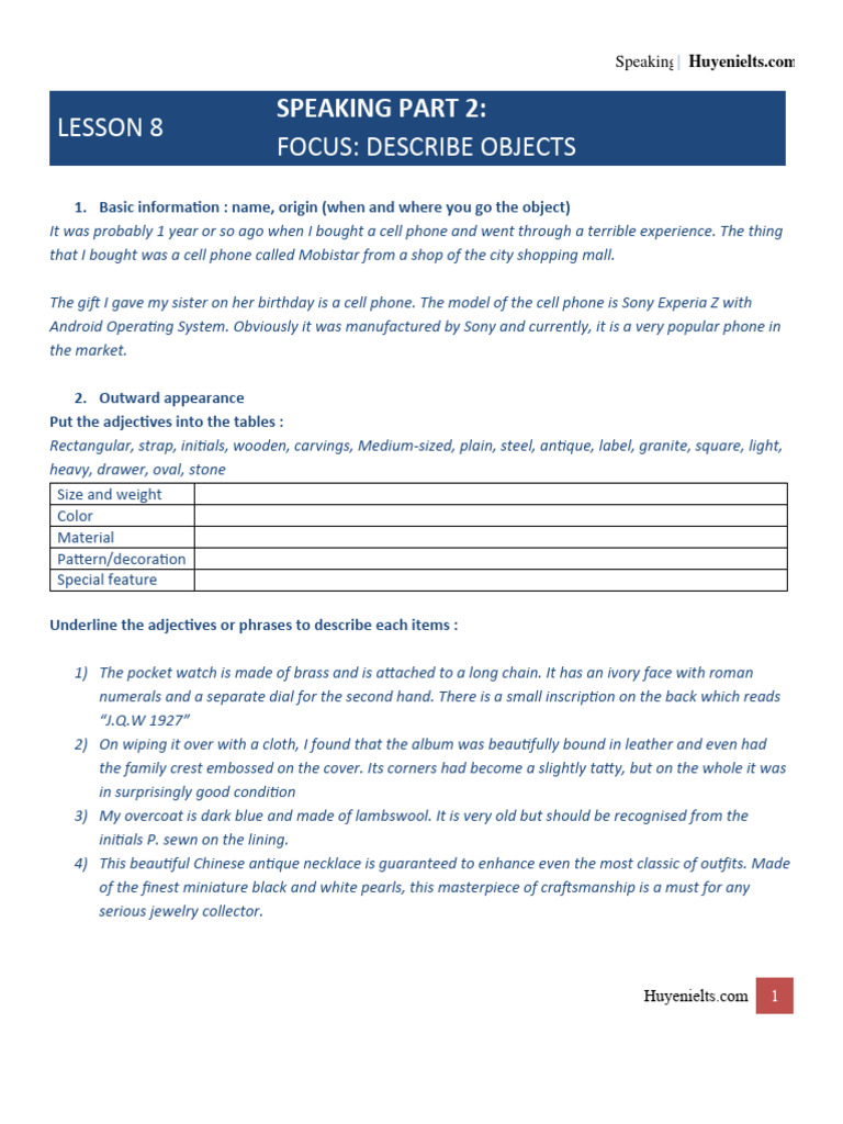 8.-SPEAKING-INTENSIVE-Part-2-Describe-objects | PDF | Newspapers | Magazines