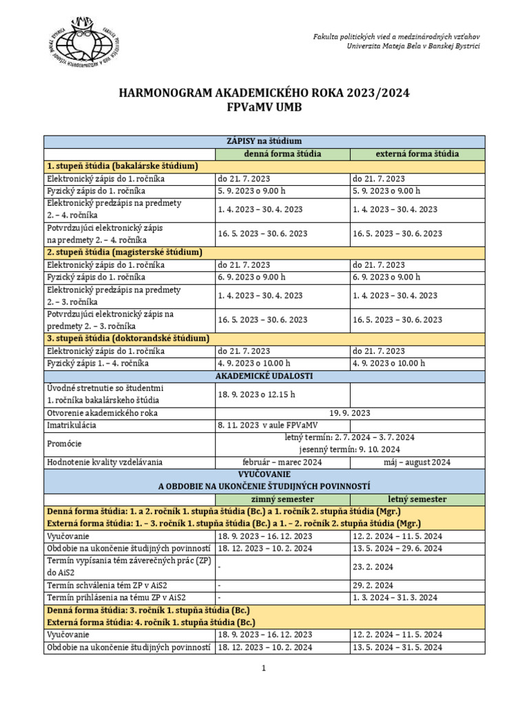 Harmonogram Ar 2023 2024 Uprava 22 5 2024 | PDF