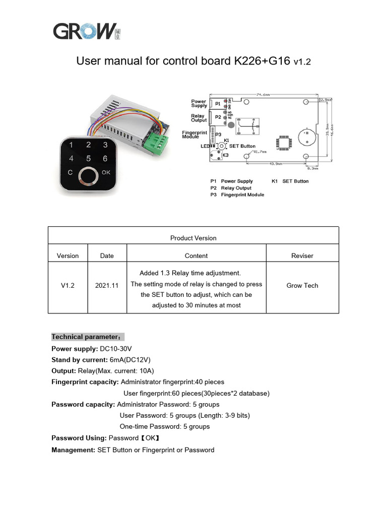 K226+G16 Control Board User Manual | PDF | Fingerprint | Password