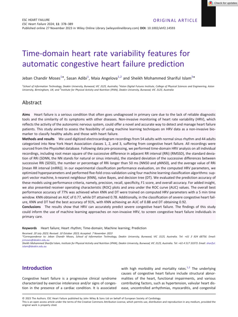 ESC Heart Failure - 2023 - Moses - Time‐domain heart rate variability features for automatic ...