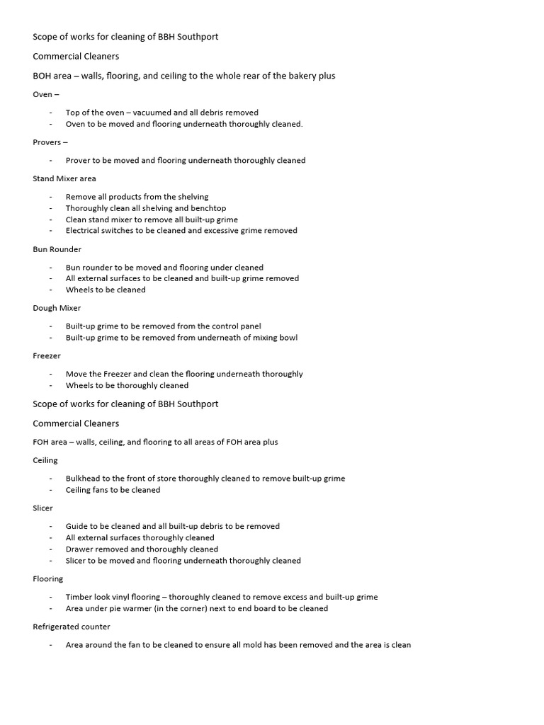 BBH Southport Cleaning Scope Details | PDF | Refrigerator ...