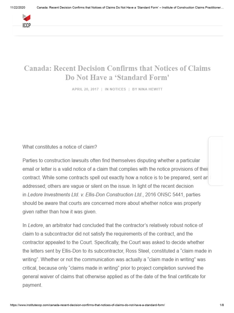 Canada - Recent Decision Confirms That Notices of Claims Do Not Have A ...