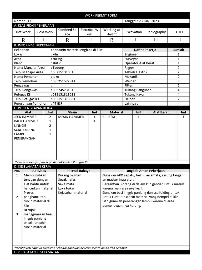 Contoh Formulir Izin Kerja K3 | PDF