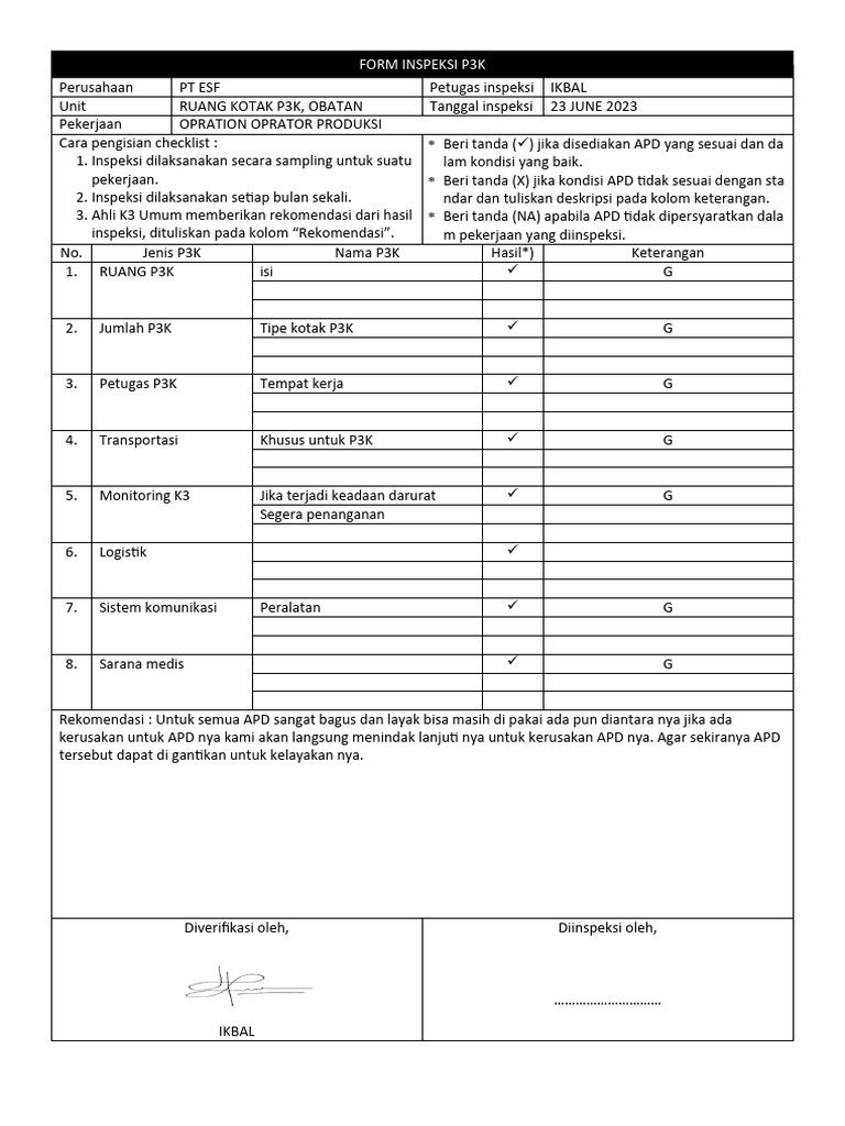 5. Form Inspeksi P3K | PDF