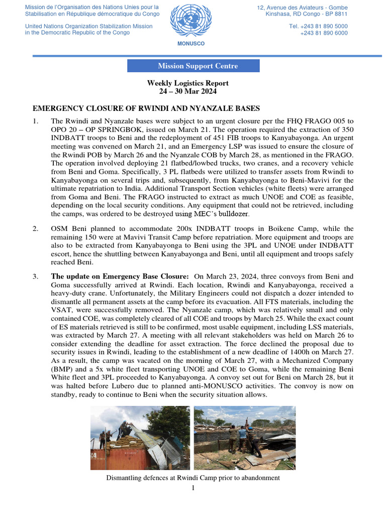MONUSCO MSC Weekly Logistics Report From 24 - 30 Mar 2024 Final | PDF