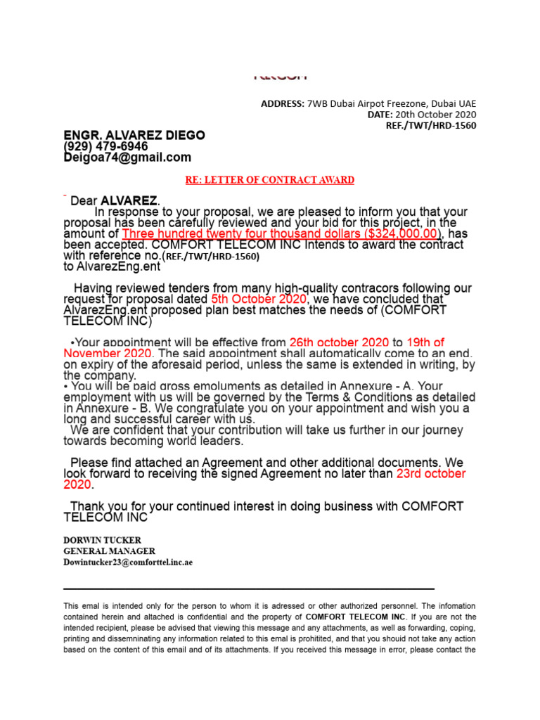 Letter of Contract Award | PDF