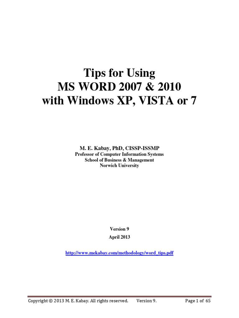 Kabay M.E. - Tips For Using MS-Word 2007 & 2010 | PDF | Microsoft Word ...