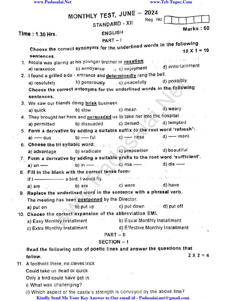 12th English Monthly Test June 2024 Question Paper PDF Download | PDF ...