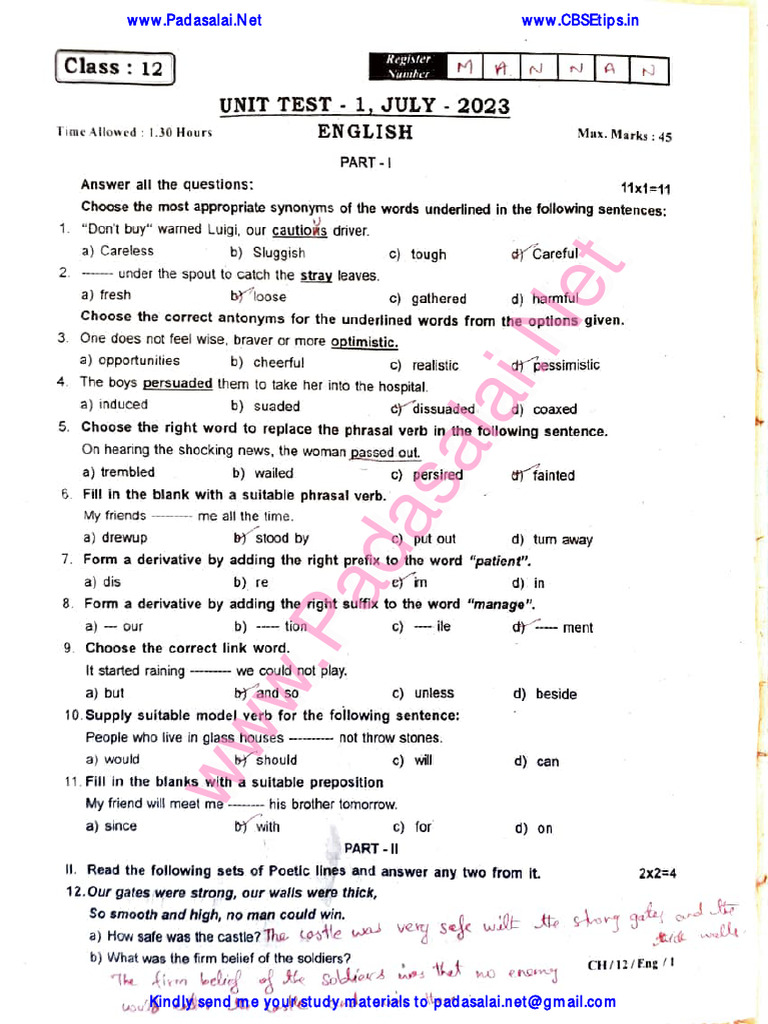 12th English Unit Test - July 2023 | PDF | Linguistics | Semantic Units