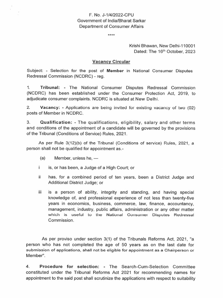vacancy circular for NCDRC | PDF