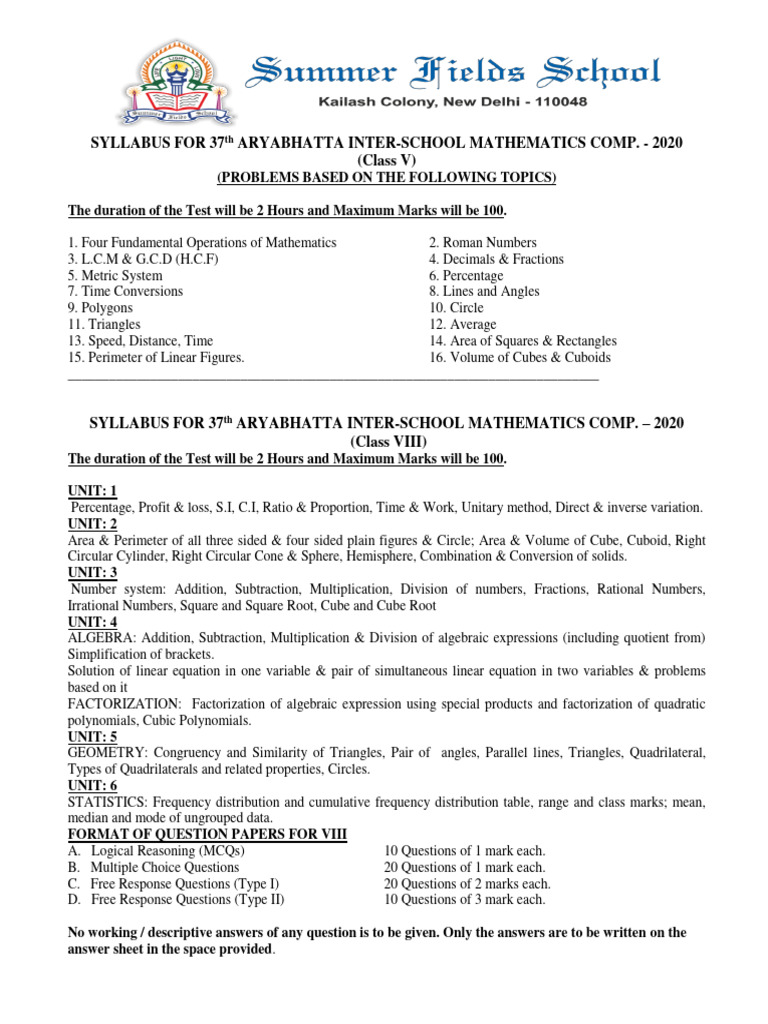 Syllabus For 37 Aryabhatta Inter-School Mathematics Comp. - 2020 (Class V) | PDF | Area | Rectangle