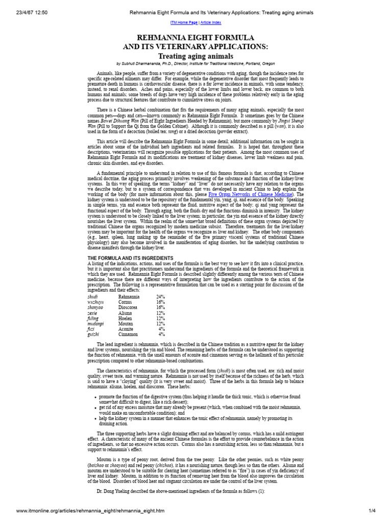 Rehmannia Eight Formula for Aging Pets | PDF | Dose (Biochemistry ...