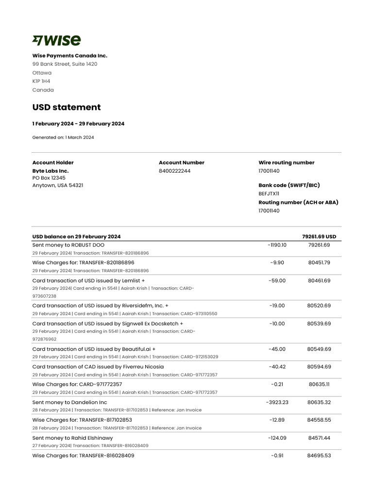 Byte Labs - Wise USD Feb | PDF | Business | Payments