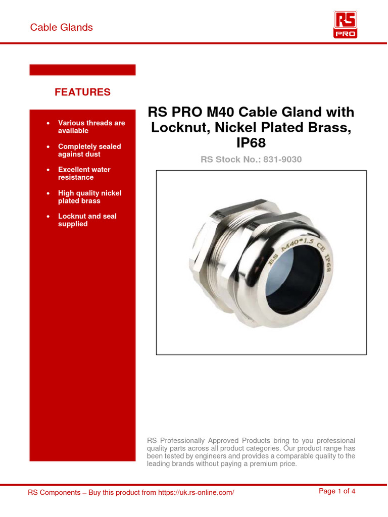 RS PRO M40 Cable Gland With Locknut, Nickel Plated Brass, IP68 | PDF