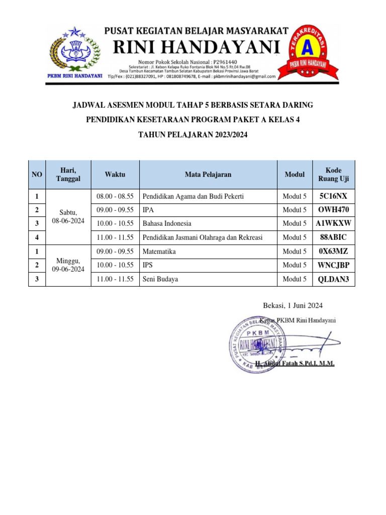Jadwal Ujian Paket A, B, C Tahap 5 TA 2023-2024 | PDF