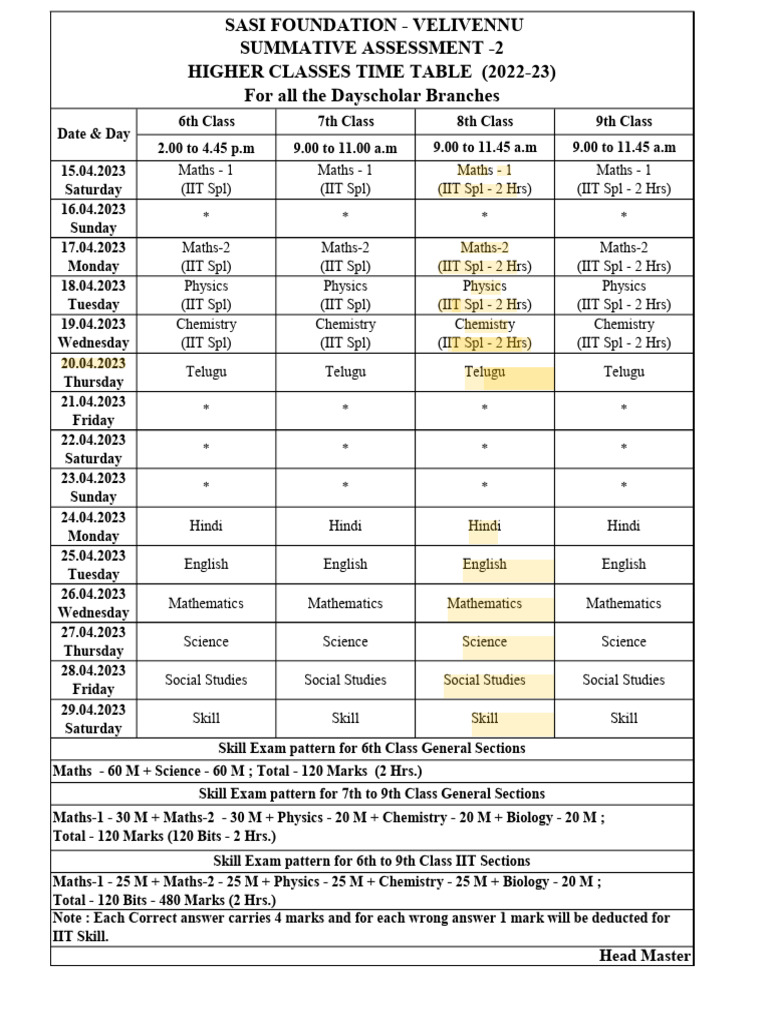Sa-2 Higher Classes Time Table (DS Branches) | PDF | Mathematics