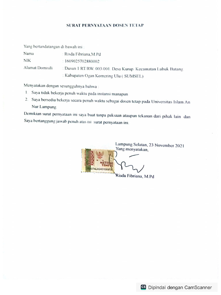 Surat Pernyataan Dosen Tetap | PDF