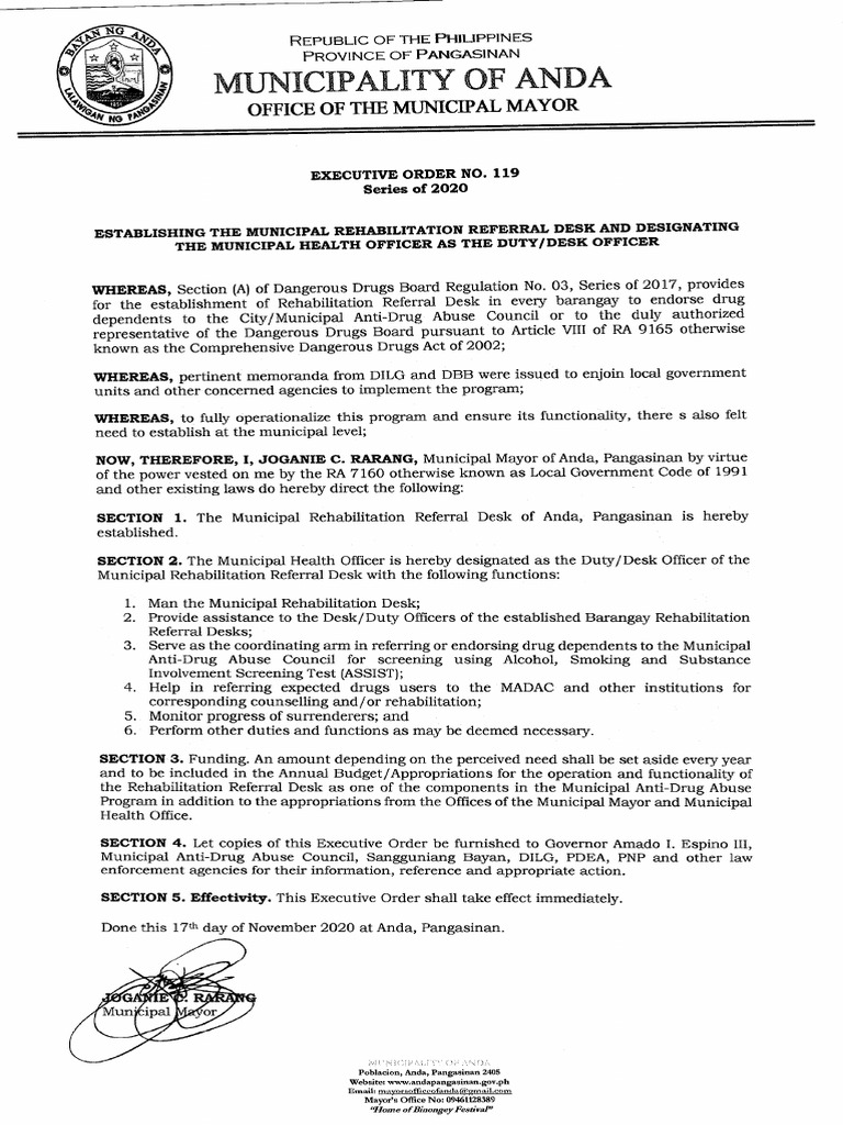 2020 Eo 0119 Establishing The Municipal Rehabilitation Referral Desk ...
