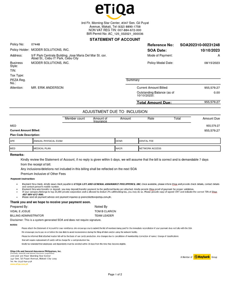 Moder Solutions Inc Etiqa 07448 202310-00231248 Coverpage | PDF ...