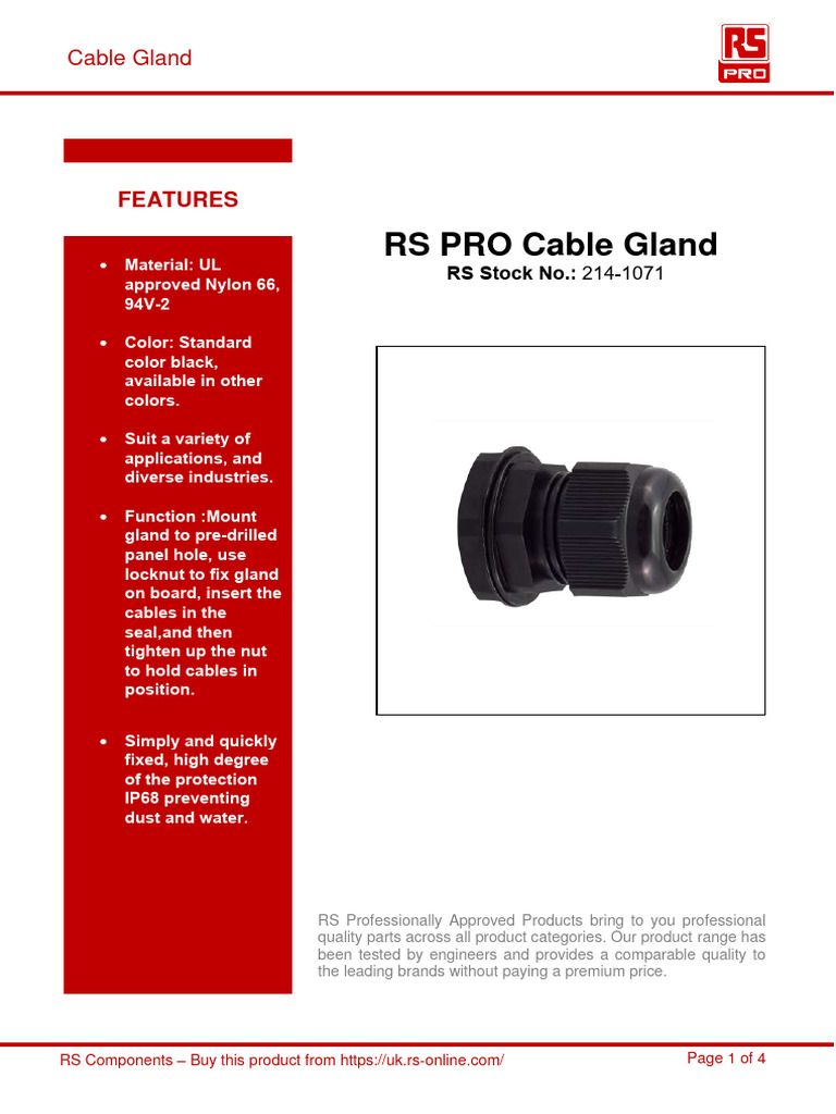 RS PRO Cable Gland: Features | PDF | Nut (Hardware)