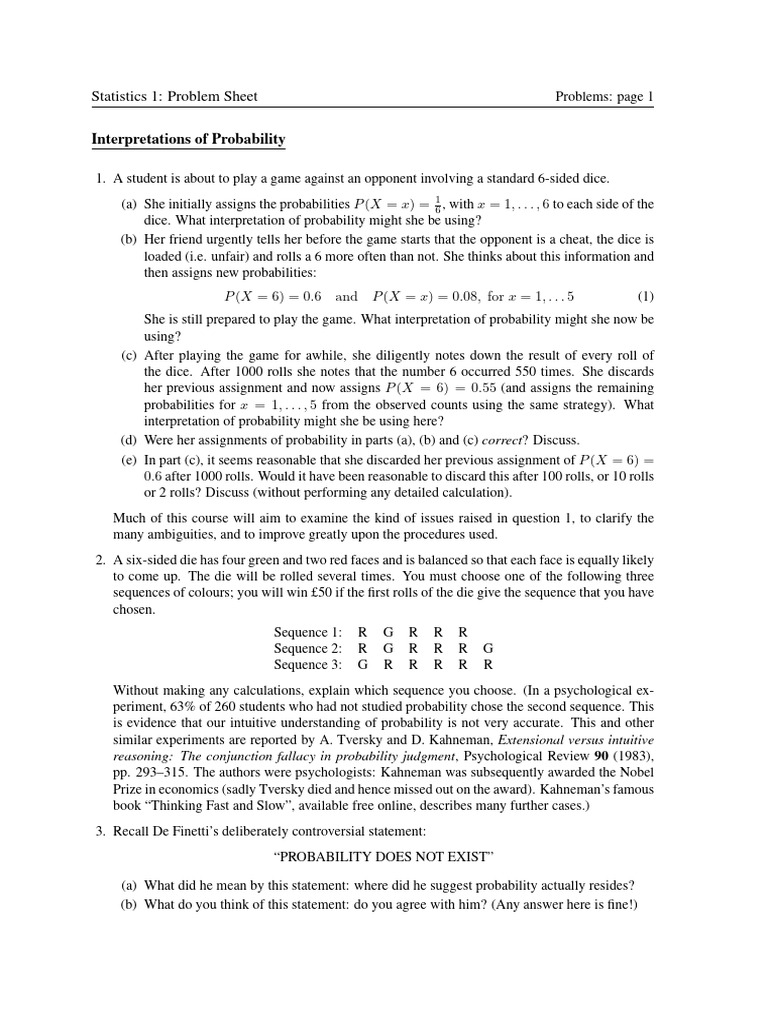 Statistics 1 Problem Sheet V5 | PDF | Statistical Significance ...