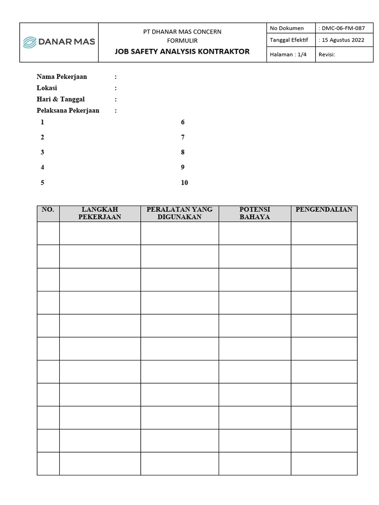 FORM K3- JOB SAFETY ANALYSIS KONTRAKTOR | PDF