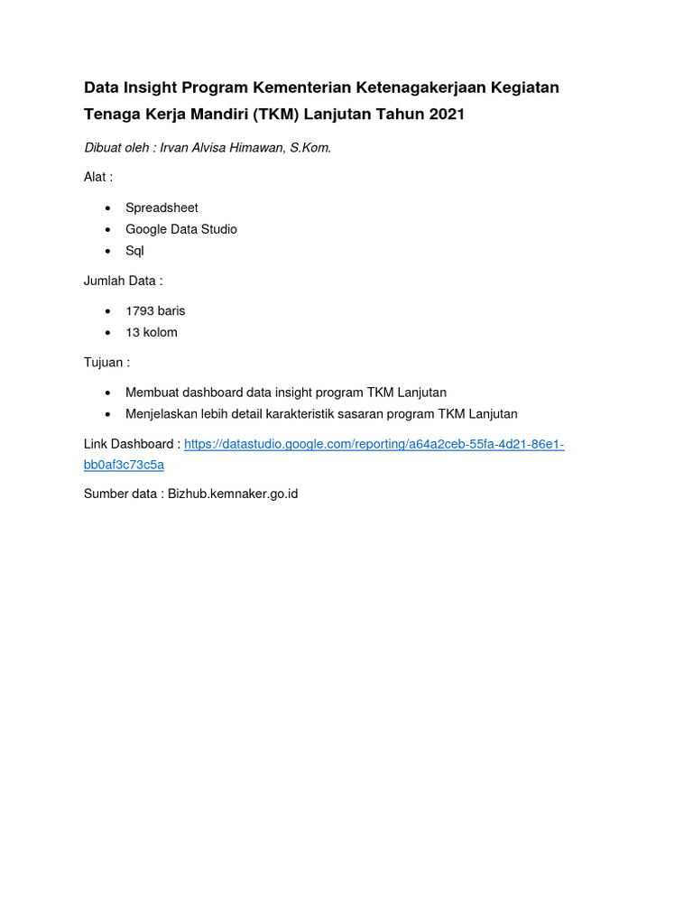 Data Insight Program Kemnaker TENAGA KERJA MANDIRI (TKM) LANJUTAN TAHUN 2021 | PDF