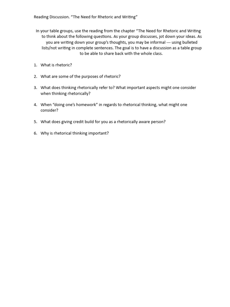 Reading Discussion, 8.29.23. "The Need For Rhetoric and Writing" | PDF ...
