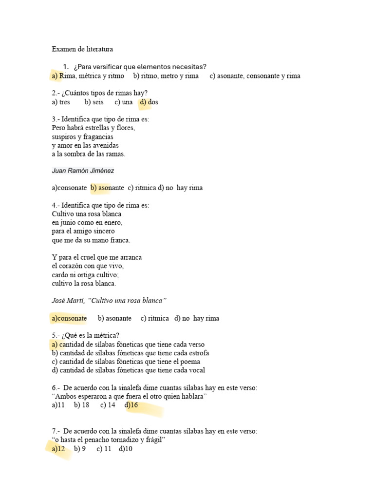 Examen de Literatura | PDF | Metro (poesía) | Rima