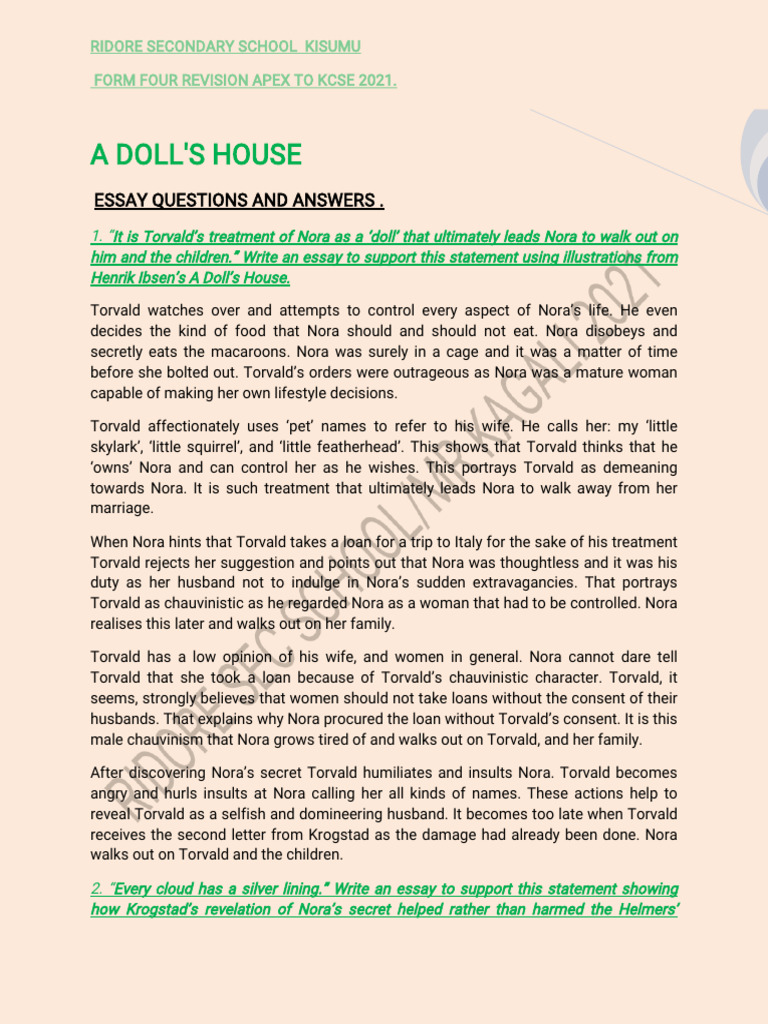 A Dolls Hous Kcse Essay 2021 Ridore | PDF