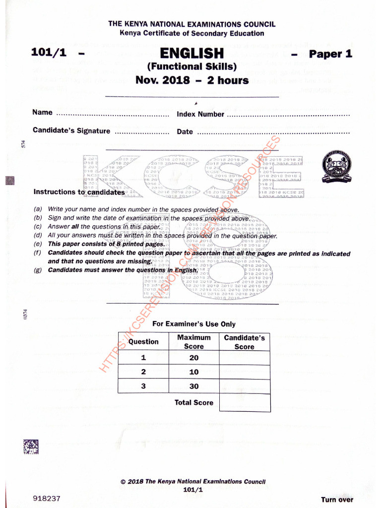 2018 KCSE KNEC ENGLISH PP1.TextMark | PDF