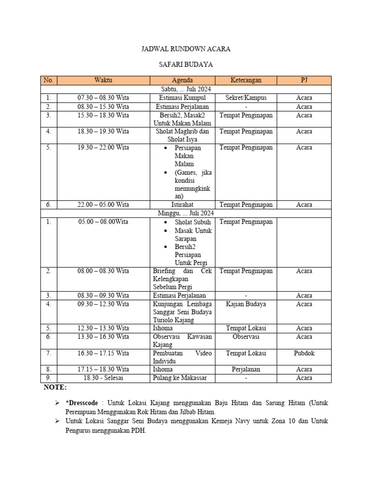Jadwal Rundown Acara Safari Budaya Rev. | PDF