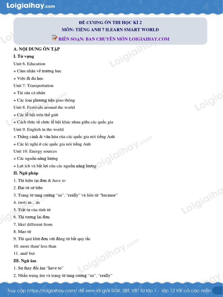 De Cuong On Tap hk2 Tieng Anh 7 Ilearn Smart World Co Dap An 1712290896 | PDF | Baggage | Energy ...