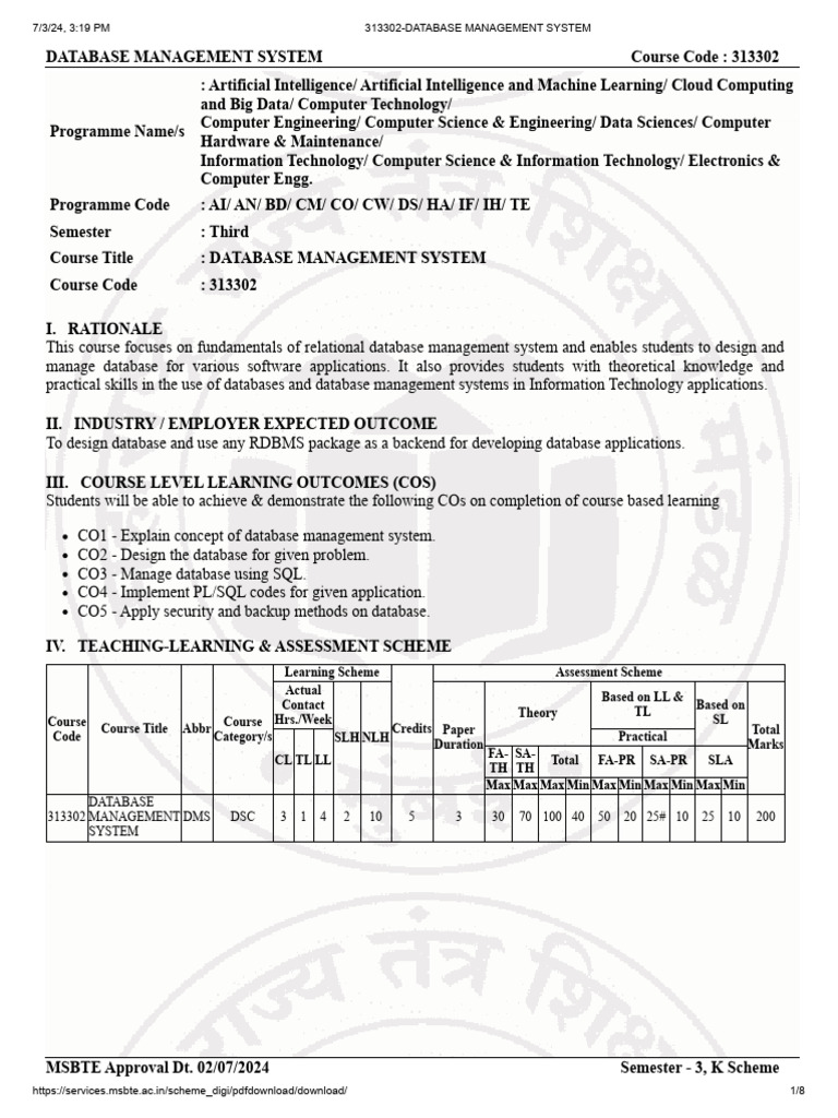 313302-Database Management System 030724 | PDF | Relational Model ...