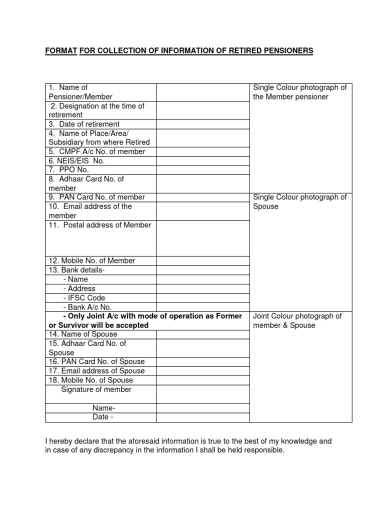 Format For Collection of Information of Retired Pensioners | PDF | Government And Personhood ...