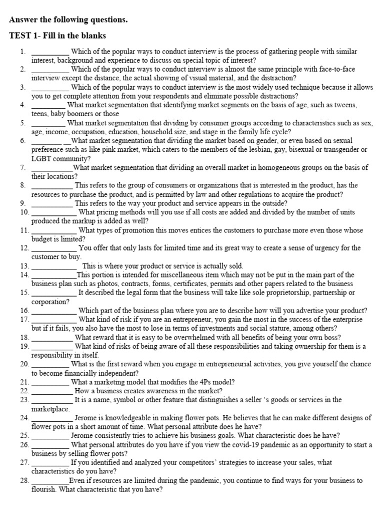 Take Home Long Quiz (Entrep) | PDF | Entrepreneurship | Market Segmentation