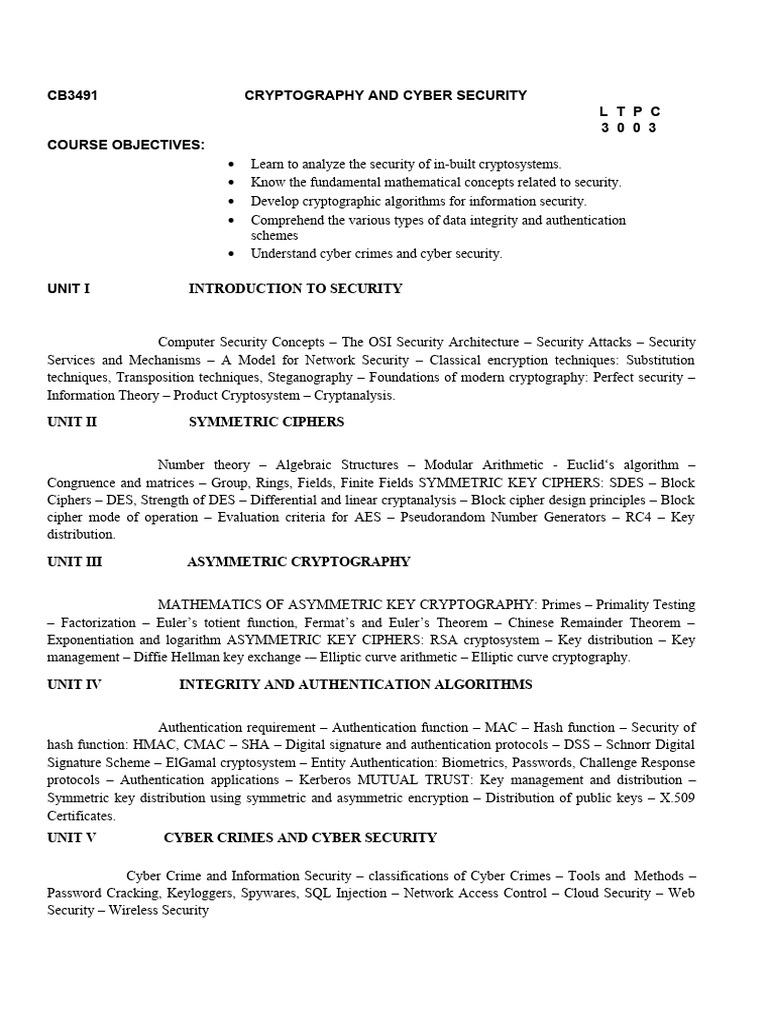 Syllabus CB3491CRYPTOGRAPHY AND CYBER SECURITY | PDF | Cryptography ... Syllabus CB3491CRYPTOGRAPHY AND CYBER SECURITY | PDF | Cryptography ...