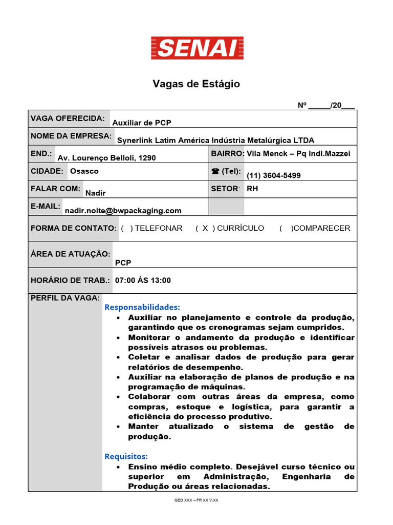 Formulário Vagas de Estágio | PDF | Gestão de recursos humanos | Business