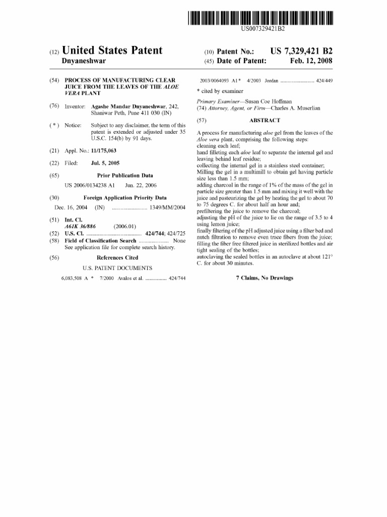 Us7329421-Patent-Juice of Aloe Vera | PDF | Sterilization (Microbiology ...