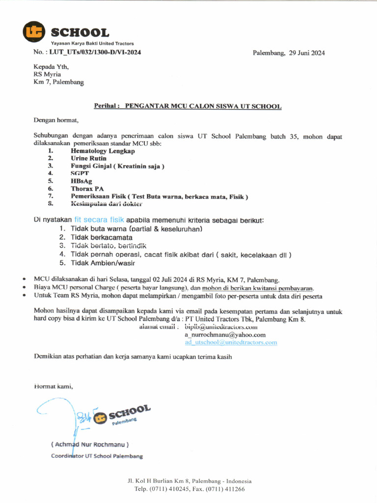 Surat Pengantar MCU Cal-Sis UT School Batch 35 - RS Myria | PDF