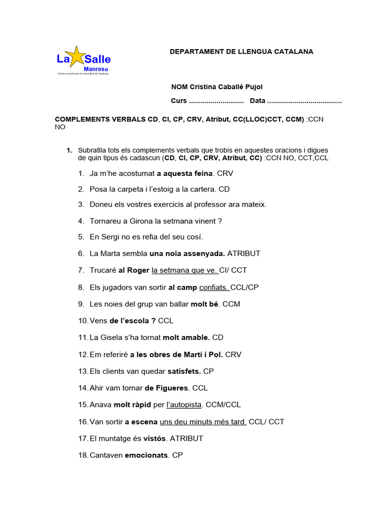 Activitats Complements Verbals 2 | PDF