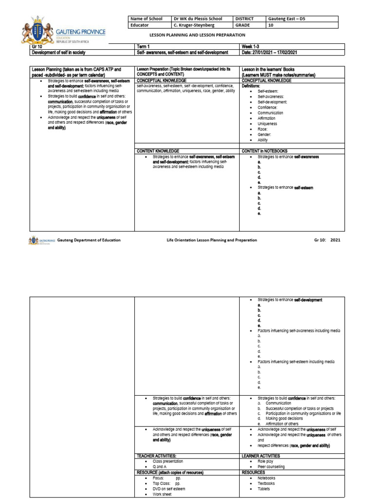Lesson Planning & Lesson Preparation GR 10 | PDF | Adolescence | Gender
