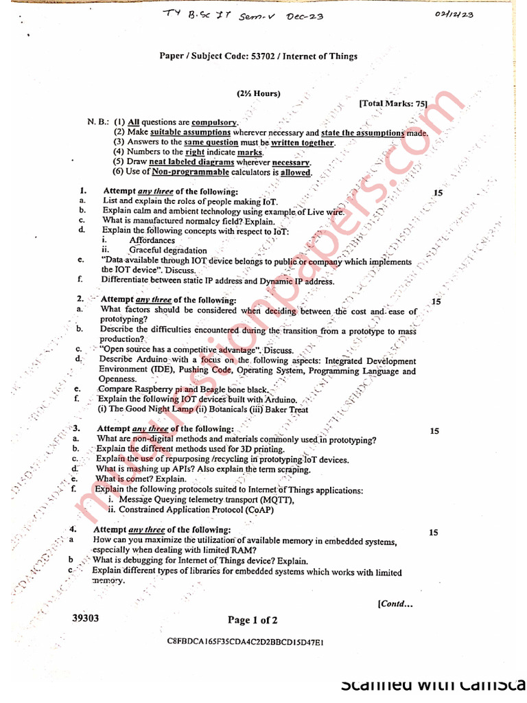 Science Bsc Information Technology Semester 5 2023 November Internet of Things Cbcs | PDF